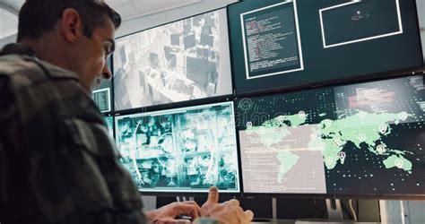Man Soldier And Typing With Computer Screen In Control Room Military Battle And Monitoring War