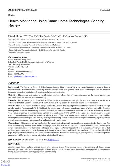 PDF Health Monitoring Using Smart Home Technologies Scoping Review