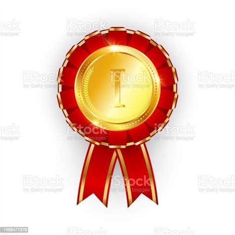 승리를 축하하십시오 우아한 빨간 리본 주름이 특징인 1위를 차지한 멋진 금메달 격리된 벡터 일러스트레이션은 스포츠 및 대회 테마 디자인에 사용하기에 적합합니다 1위에 대한