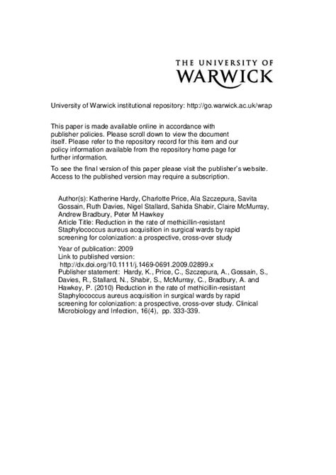 Pdf Reduction In The Rate Of Methicillin Resistant Staphylococcus Aureus Acquisition In