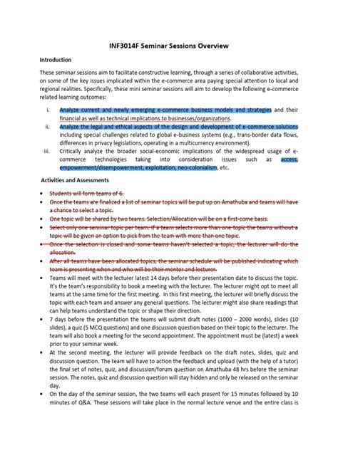 Inf3014 Seminar Guidelines And Marking Guide Pdf E Commerce Quiz