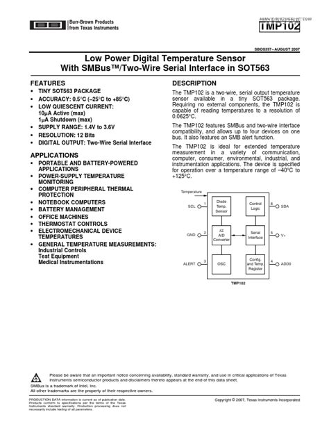 Tmp102 Datasheet Pdf Low Power Digital Temperature Sensor Burr