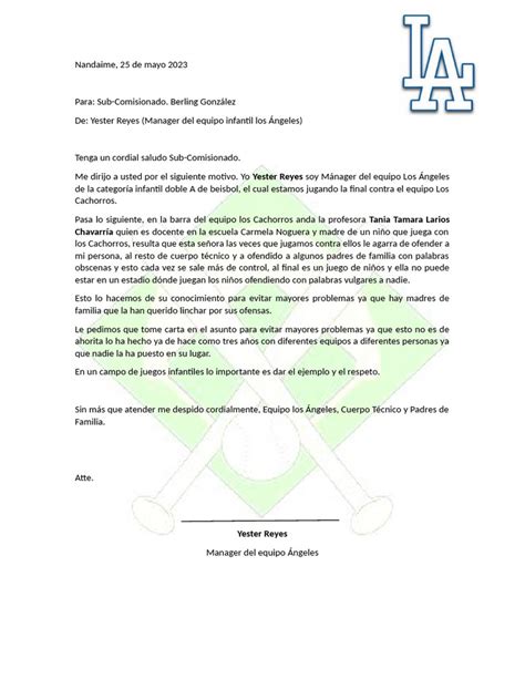 Carta De Equipo Beisbol Infantil Pdf