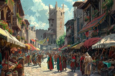 Medieval Market Scene With Tower And Bustling Crowd Premium Ai