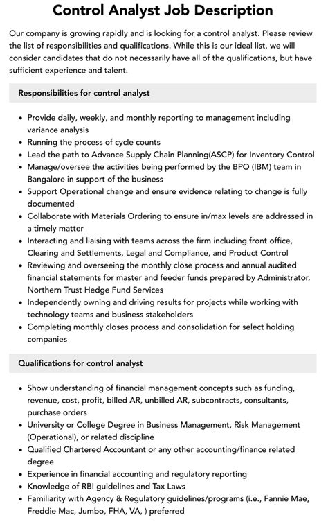 Control Analyst Job Description Velvet Jobs