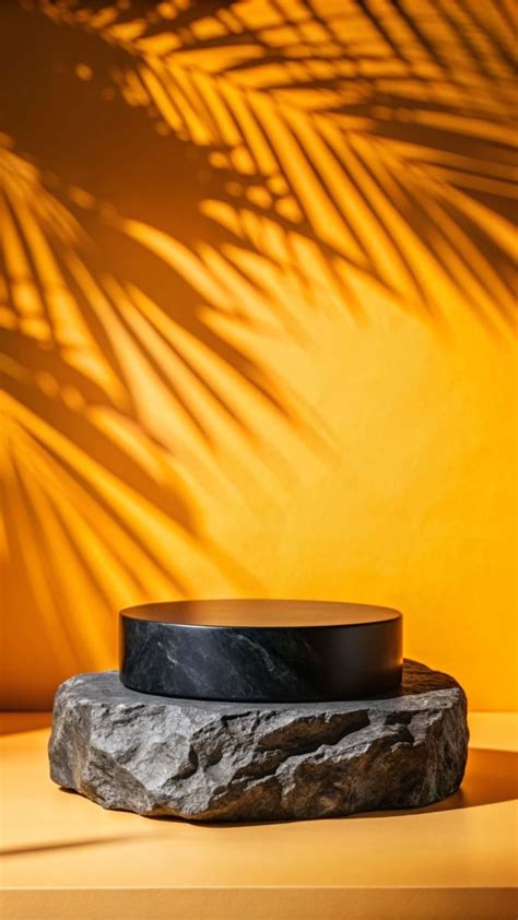 Подиум из черного камня с тенью от солнца для демонстрации продукции на фоне скал Cosmetic