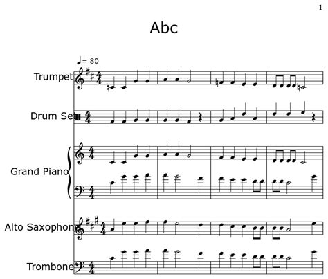 Abc Sheet Music For Trumpet Drum Set Piano Alto Saxophone Trombone