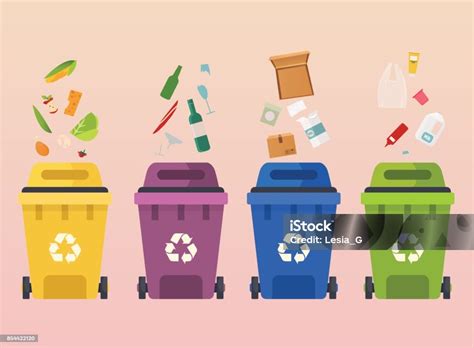 재활용 쓰레기통 종류 분리 재활용 폐기물 유기 종이 유리 폐기물 평면 디자인 현대 벡터 일러스트 레이 션 개념입니다 쓰레기에 대한 스톡 벡터 아트 및 기타 이미지 Istock