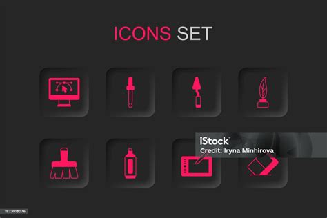 마커 펜 스포이드 색상 선택기 팔레트 디자인 프로그램 그래픽 태블릿 깃털 및 잉크병 지우개 고무 팔레트 나이프 및 페인트 브러시 아이콘을 설정합니다 벡터 개념에 대한 스톡