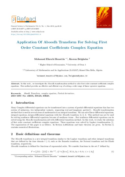 Pdf Application Of Aboodh Transform For Solving First Order Constant Coeﬃcients Complex