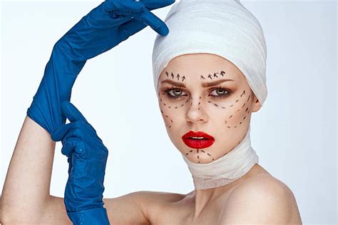 Plastic Surgery Procedure On A Womans Bare Shoulders With Red Lips Against A Light Background