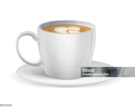 현실적인 화이트 컵 흰색 배경에 고립 된 우유 아침 음료와 커피 플레이트 사이드 뷰가 있는 머그컵 맛있는 뜨거운 카푸치노 또는 라떼 도자기 식기 벡터 3d 개체 3차원