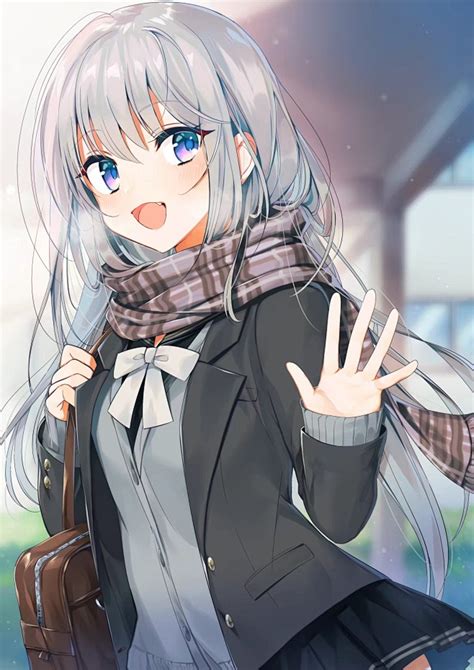 二次元动漫美少女萌妹子学生服银发白发小虎牙可爱清纯