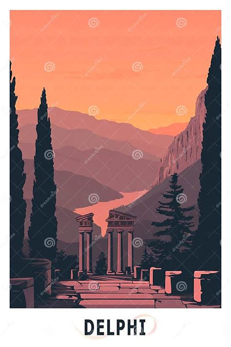 Delphi Village Greece Illustrated Poster In Retro Style Stock