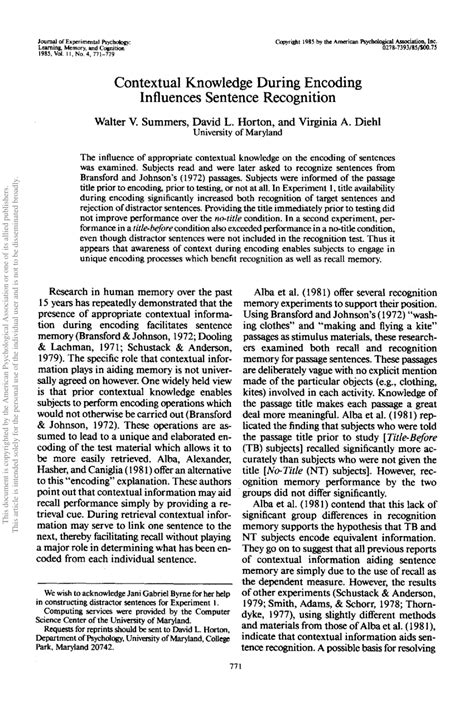 Pdf Contextual Knowledge During Encoding Influences Sentence Recognition