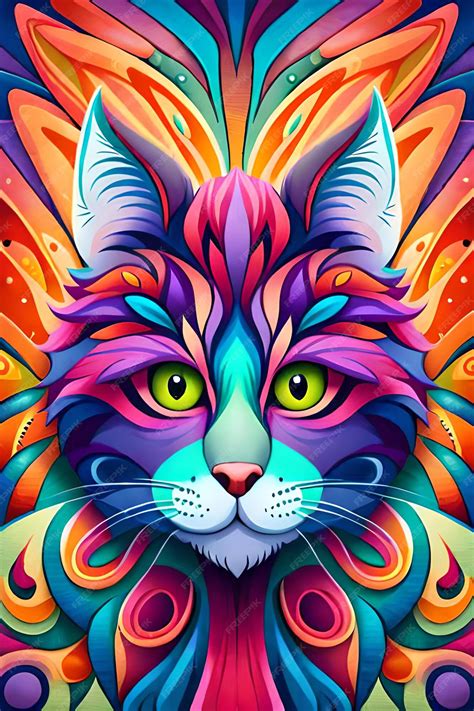 Premium Photo Colorful Psychedelic Art Cat Illustration