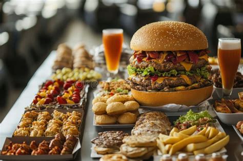 Large Burger Display With Various Side Dishes And Drinks At A Festive Gathering Stock Photo