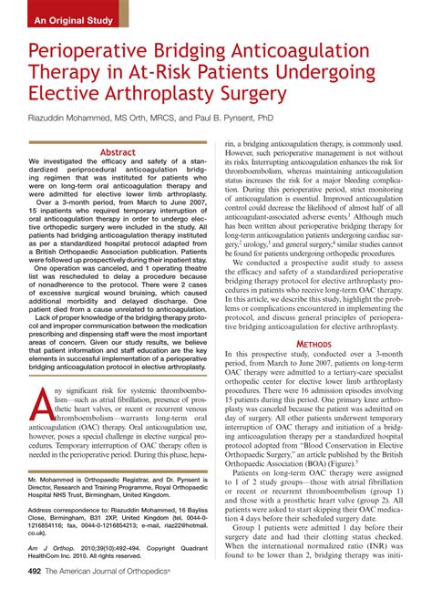 Pdf Perioperative Bridging Anticoagulation Therapy In At Risk Patients Undergoing Elective