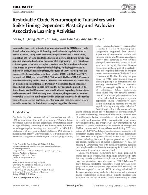Restickable Oxide Neuromorphic Transistors With Spike Timing Dependent Plasticity And Pavlovian