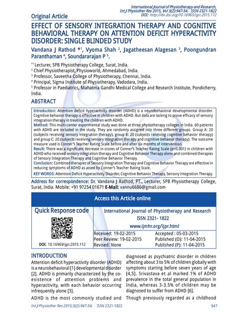 Pdf Effect Of Sensory Integration Therapy And Cognitive Behavioral Therapy On Attention