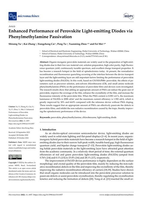 Pdf Enhanced Performance Of Perovskite Light Emitting Diodes Via Phenylmethylamine Passivation