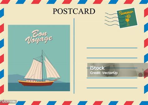 포스트 Acrd 여름 빈티지 범선 바다 우표가 있는 휴가 여행 디자인 카드 벡터 일러스트 리외 템플릿 엽서에 대한 스톡 벡터 아트 및 기타 이미지 Istock