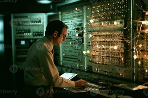 A Technician Monitoring A Control Panel For A Particle Accelerator As