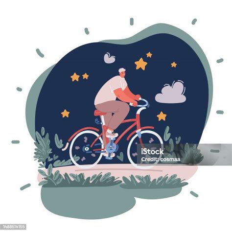밤에 도시 공원에서 자전거를 타는 남자의 만화 벡터 삽화 건강한 생활방식에 대한 스톡 벡터 아트 및 기타 이미지 건강한 생활방식 남자 도시 Istock