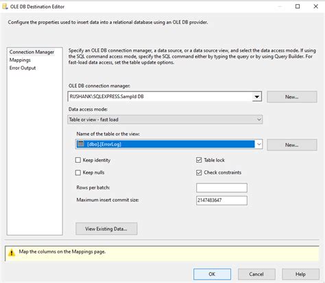 Configure Your OLEDB Connection Manager And Select The Error Log Table