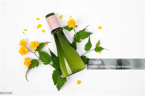 흰색 배경에 천연 비건 친화적 인 화장품으로 채워진 나무 모자로 덮인 녹색 유리 병 장미의 신선한 꽃 광고를위한 복사 공간 0명에 대한 스톡 사진 및 기타 이미지 Istock