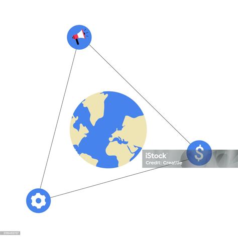 마케팅 재무 및 운영 아이콘이 있는 지구 에서 글로벌 비즈니스 연결 관리 및 전략을 상징하는 평면 벡터 일러스트 레이 션 흰색 배경에 고립 된 0명에 대한 스톡 벡터 아트