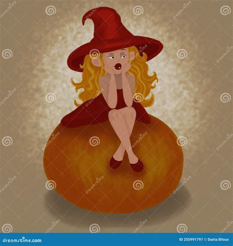 红色头发的小仙女女巫戴着红色礼服帽和鞋子，坐在大的橙色南瓜上 库存例证 插画 包括有 要素 方式 255991797
