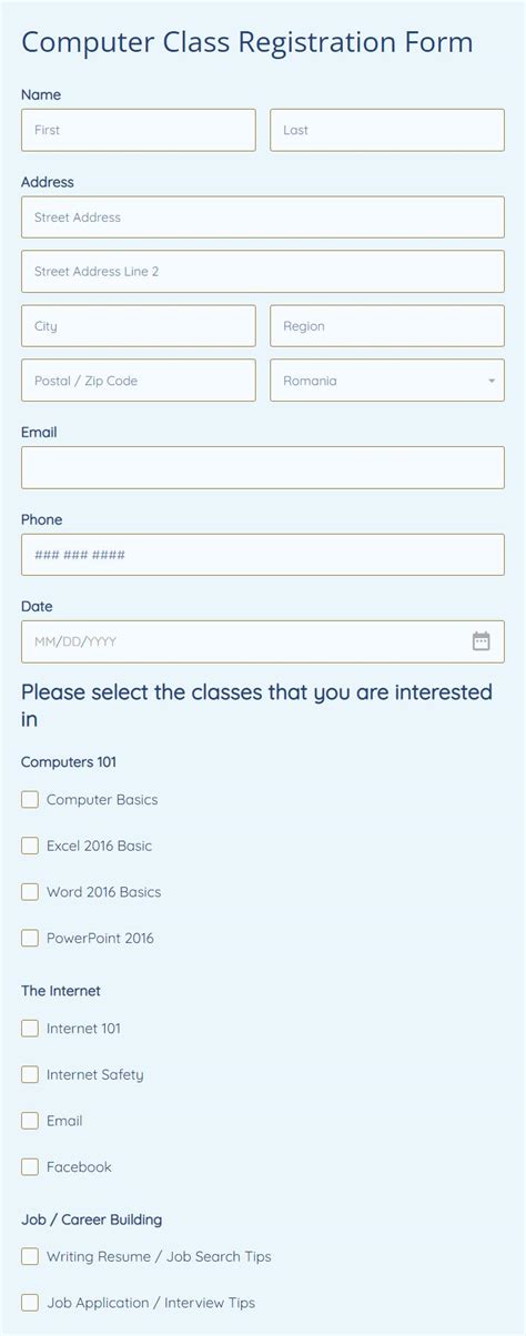 Free Computer Class Registration Form Template