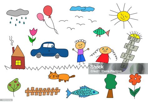 행복한 아이들이 낙서합니다 손으로 그린 귀여운 낙서 세트 낙서 아이들이 그림을 그립니다 유치한 낙서 스타일의 요소 컬렉션