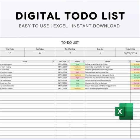 Todo List Excel Simple Task Tracker Digital To Do List Excel Template