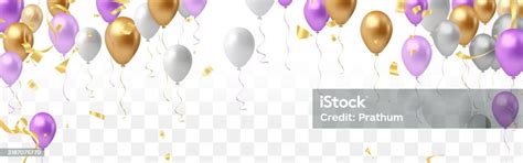 보라색 은색 황금색 풍선과 리본 색종이 조각 벡터 일러스트 레이 션 개체 그룹에 대한 스톡 벡터 아트 및 기타 이미지 개체 그룹 공휴일 금색 Istock
