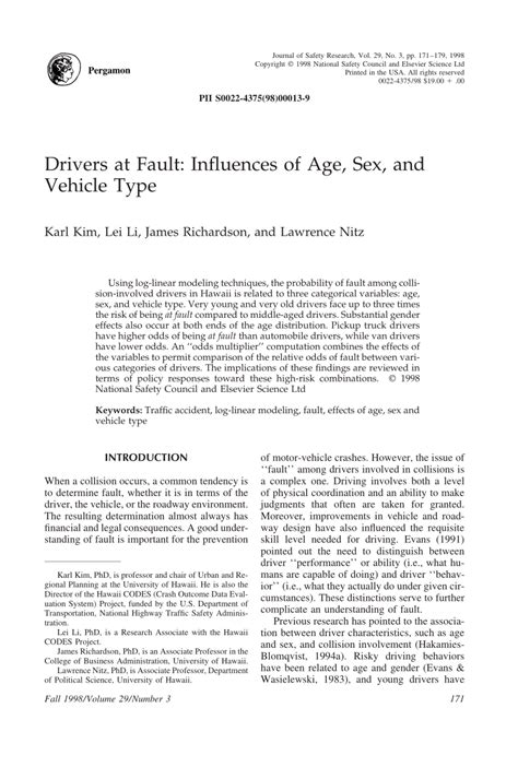 Pdf Drivers At Fault Inﬂuences Of Age Sex And Vehicle Type