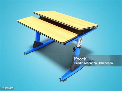 현대 블루 학교 책상 높이 조정 그림자와 파란색 배경에 3d 렌더링 가구에 대한 스톡 사진 및 기타 이미지 가구 교사 교육 관련 직업 교실 Istock