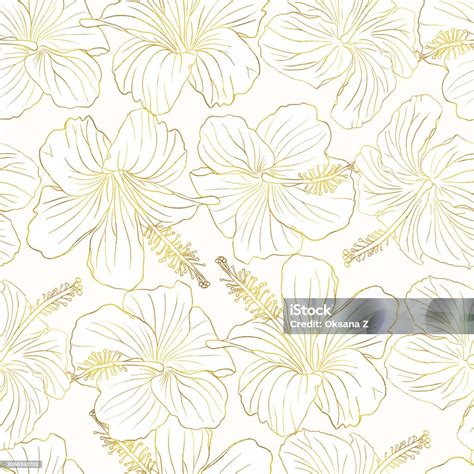 히비스커스 금박 라인 아트 트로픽 플라워 원활한 패턴입니다 섬유 직물 초대장 카드 스크랩북 인쇄 포장 벽지에 사용할 수 있습니다 꽃 손으로 그린 벡터 배경 개화기에 대한