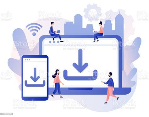다운로드 개념입니다 설치 기호 작은 사람들은 스마트 폰과 노트북에서 데이터 파일을 다운로드합니다 로드 기호 현대 평면 만화 스타일입니다 흰색 배경에 벡터 그림 개념에 대한