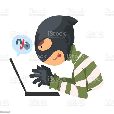 Data Theft Hacker Wearing Mask Breaking Into Laptop Vector Illustration Stock Illustration