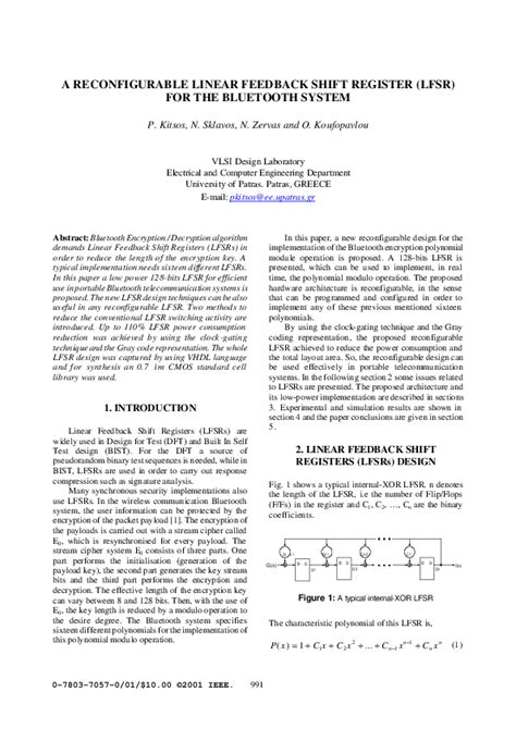 Pdf A Reconfigurable Linear Feedback Shift Register Lfsr For The Bluetooth System