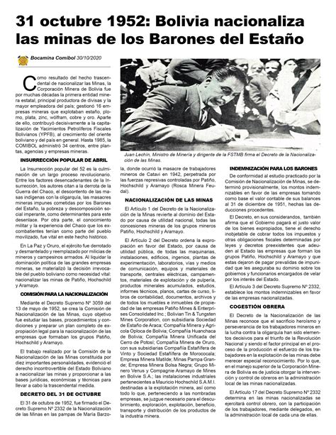 31 De Octubre 1952 Bolivia Nacionaliza Las Minas De Los Barones Del Estaño