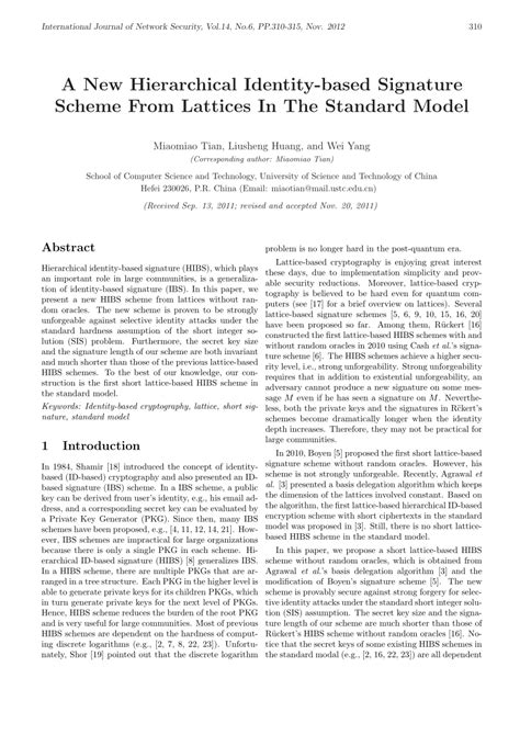Pdf A New Hierarchical Identity Based Signature Scheme From Lattices