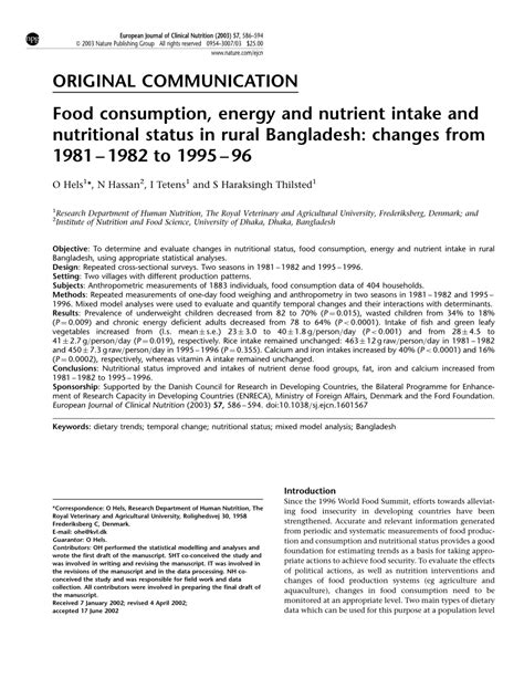 Pdf Food Consumption Energy And Nutrient Intake And Nutritional Status In Rural Bangladesh