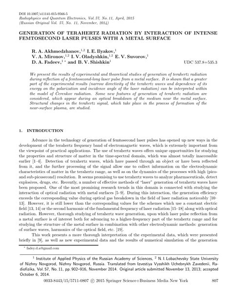 Pdf Generation Of Terahertz Radiation By Interaction Of Intense Femtosecond Laser Pulses With