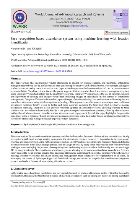 Pdf Face Recognition Based Attendance System Using Machine Learning