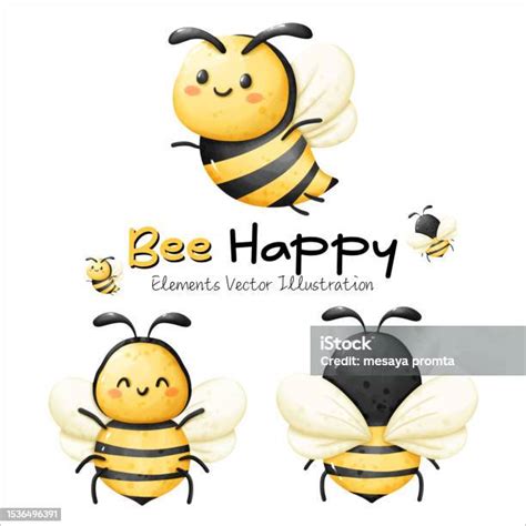 귀여운 꿀벌 행복한 요소 수채화 벡터 파일 배너 포스터 카드 티셔츠에 대한 클립 아트 만화 스타일 가을에 대한 스톡 벡터 아트