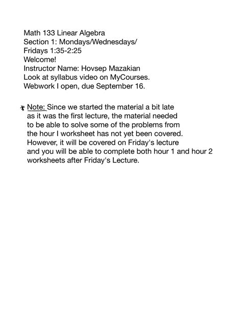 Math 133 Lecture 1 Notes Section 1 Math 133 Linear Algebra Section