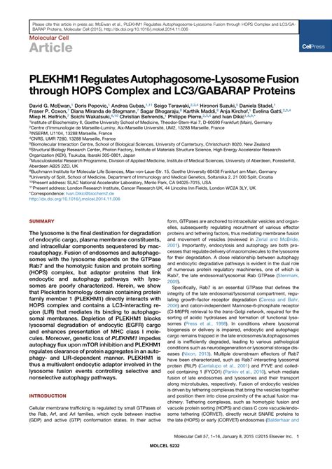 Pdf Plekhm1 Regulates Autophagosome Lysosome Fusion Through Hops Complex And Lc3 Gabarap Proteins